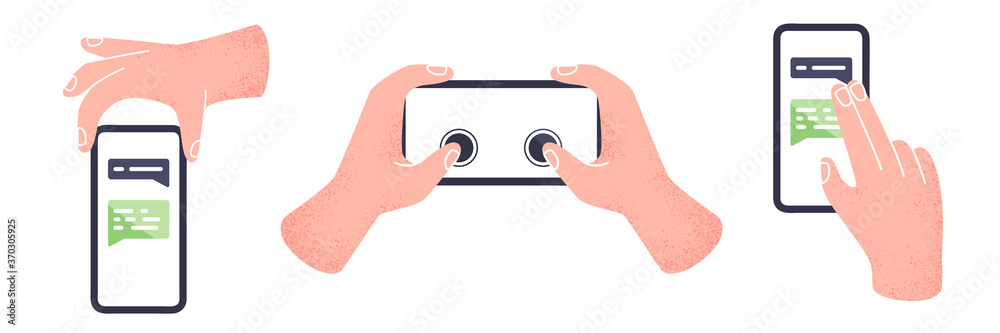 Hands with phone set. Hands hold the smartphone horizontally and ...