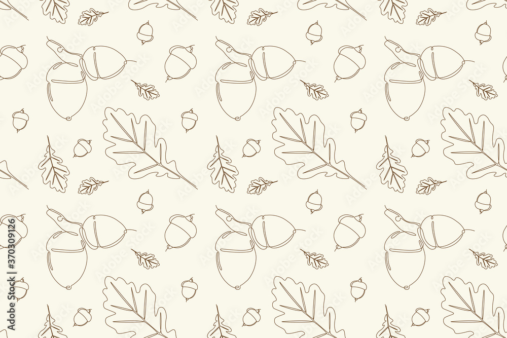 One line art pattern with picture of oak leaves and acorn. Autumn mood ...