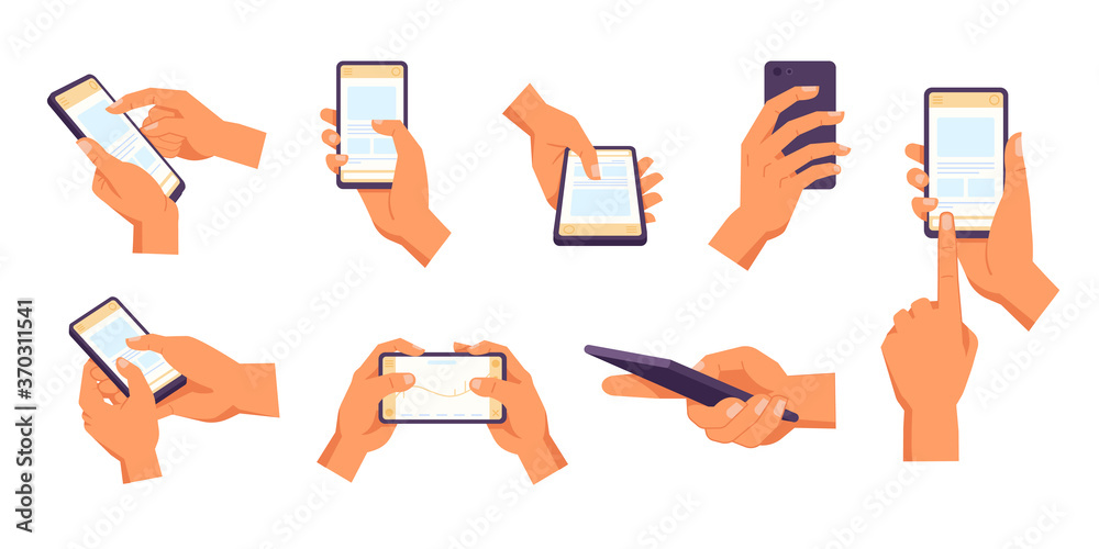 Hand holding smartphone. Vector icon of people hold smartphone or using ...