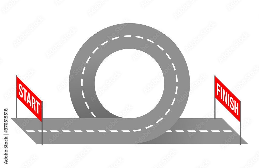 Road with start and finish line red banners - path in spiral form ...