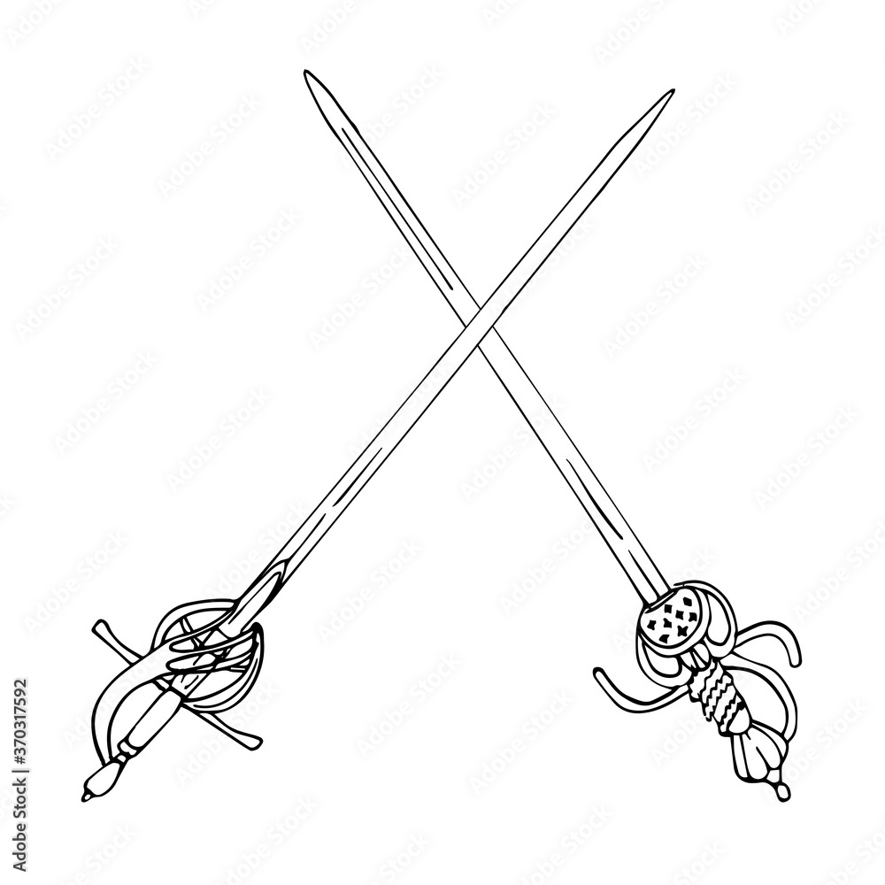 Crossed old swords. The outline drawing of swords is isolated on a ...