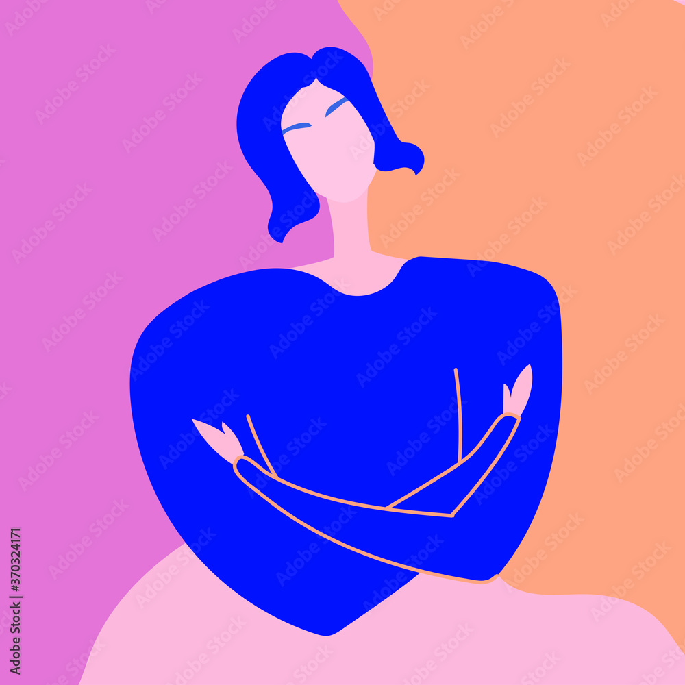 love yourself vector. young woman hug herself. selfcare design concept ...