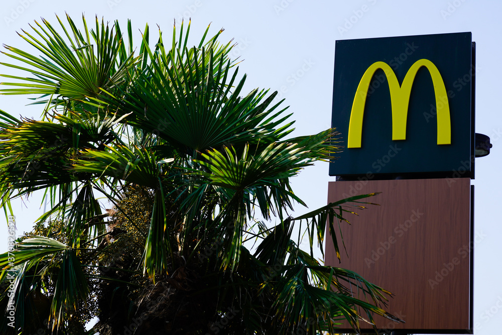 McDonald's sign m yellow logo on Restaurant Exterior of McDonalds ...