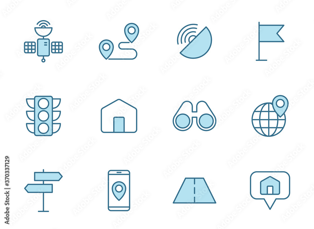 navigation outline vector icons in 2 colors isolated on white. map and ...