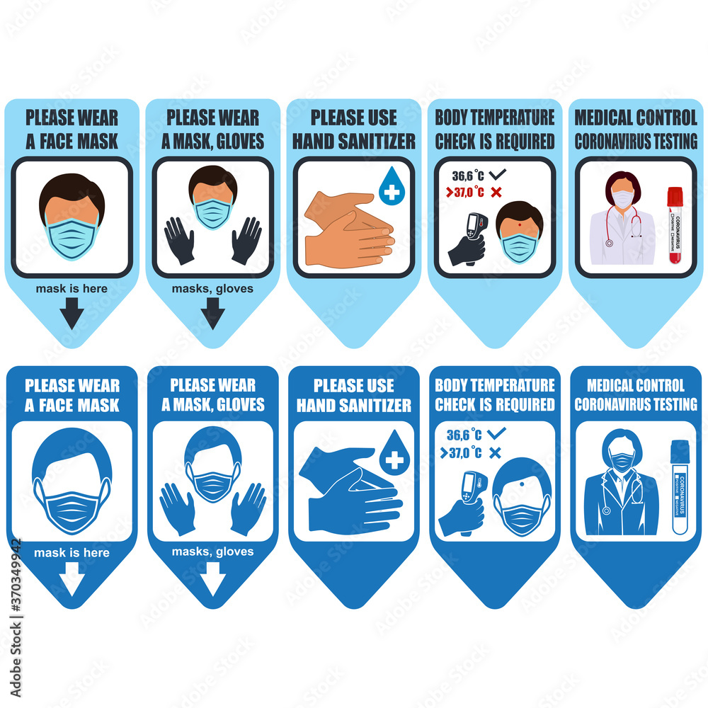 Healthcare infographic elements. Signs PLEASE WEAR A FACE MASK, GLOVES ...
