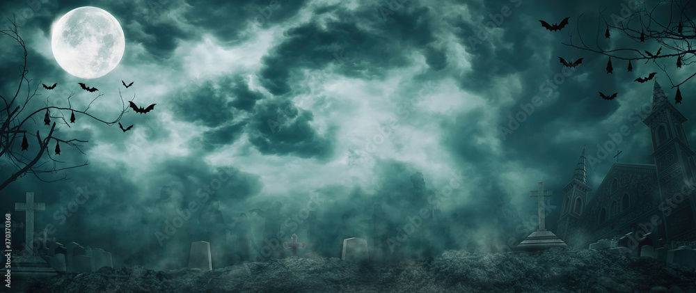 Zombie Rising Out Of A Graveyard cemetery and church In Spooky scary ...