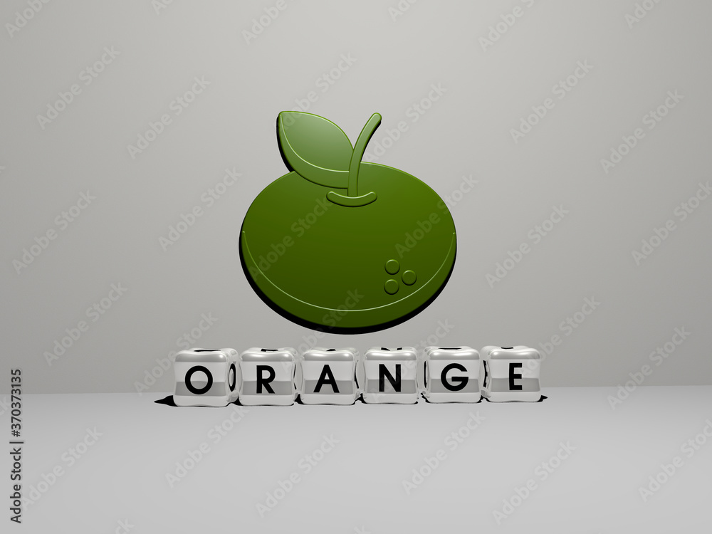 3D illustration of orange graphics and text made by metallic dice ...