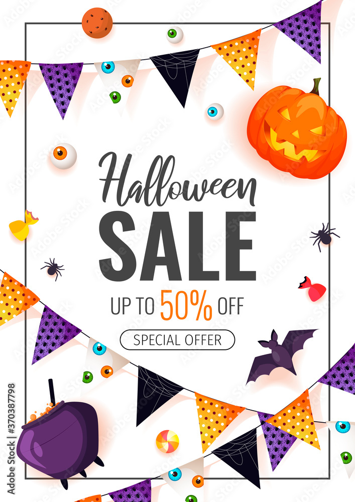 Happy Halloween promo sale flyer with Halloween elements. Scary ...