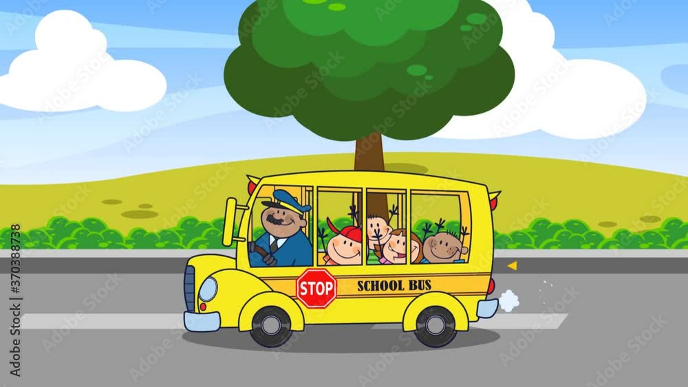 School Bus With Happy Children Cartoon Characters Going To School. 4K ...