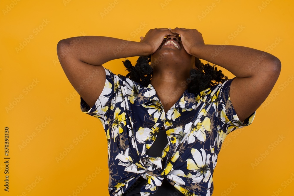 Shocked panic Caucasian girl dressed in stylish clothing holding hands ...