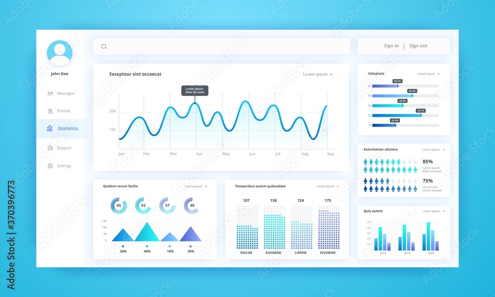 Infographic dashboard. UI kit with diagrams, pie charts, line progress ...