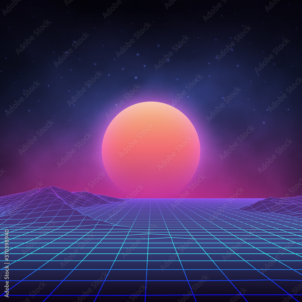 Futuristic retro landscape of the 80`s. Vector futuristic illustration ...