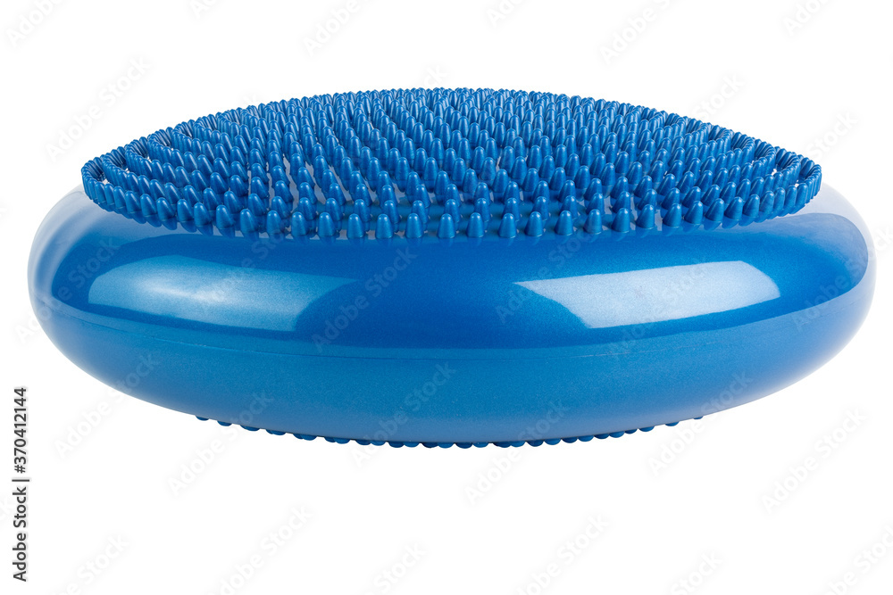 Blue inflatable balance disk isoleated on white background, It is also ...