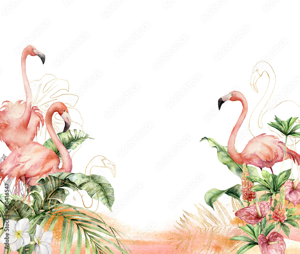 Watercolor tropical border with flamingos and flowers. Hand painted ...