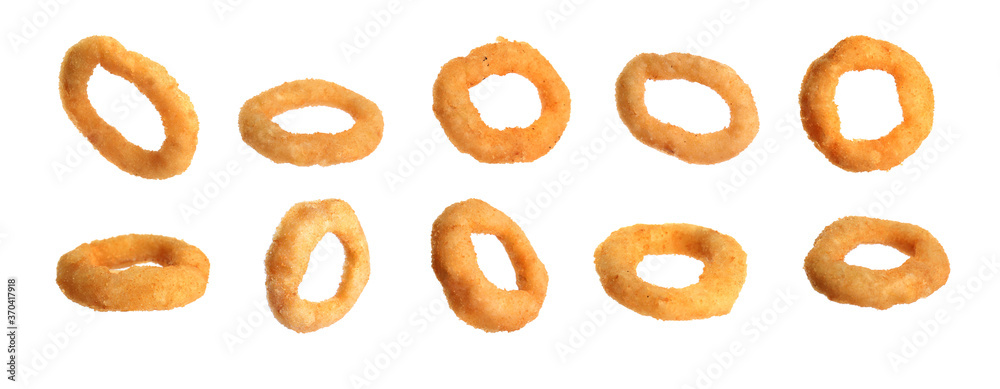 Fried onion rings falling on white background, banner design Stock ...