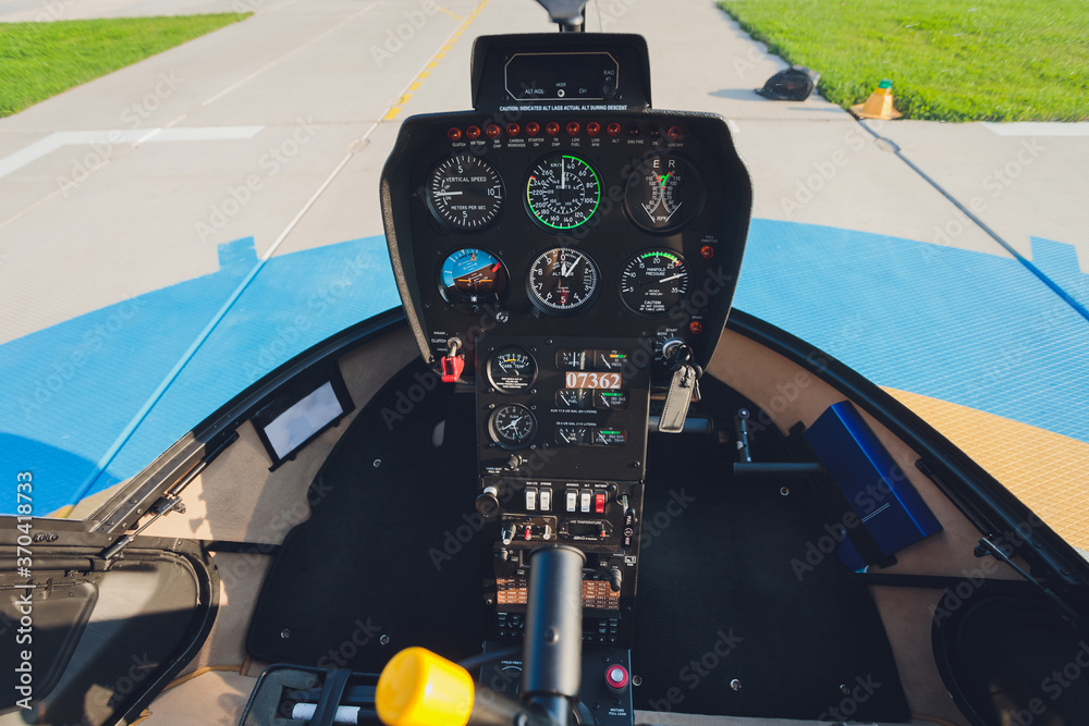 Helicopter dashboard close up. Helicopter Robinson r44 inside the ...