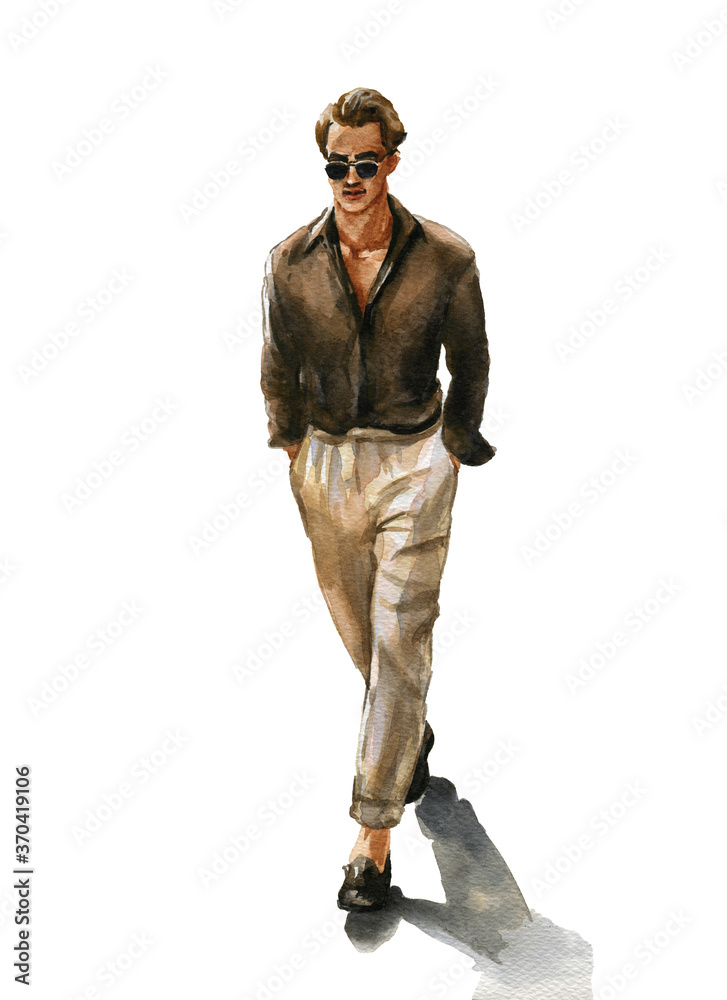 Fashion watercolor illustration of man in stylish trendy outfit. Hand ...