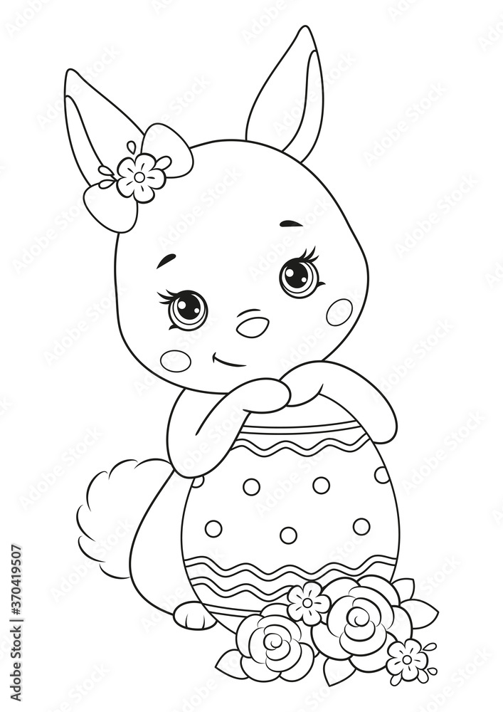 Cute Easter Bunny with egg Coloring Page. Black and white cartoon ...