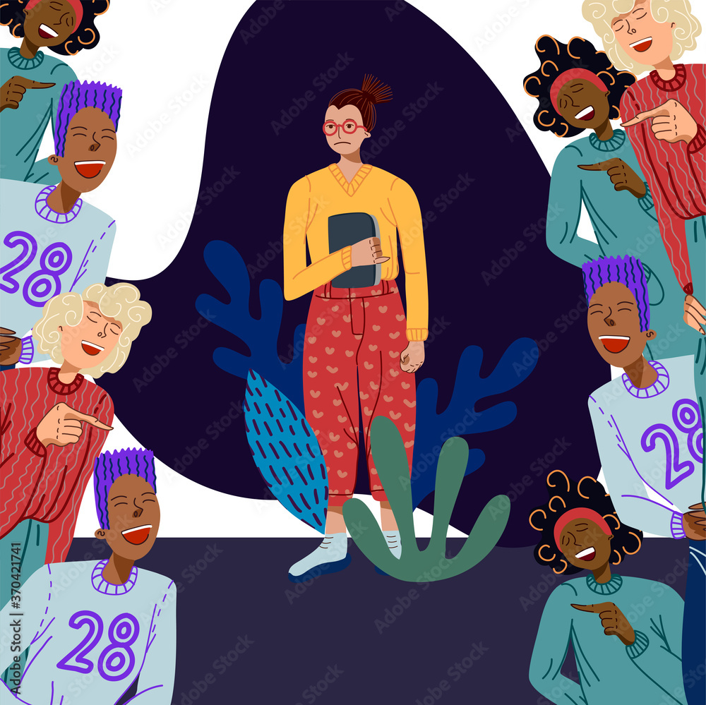 Bullying among students, young people laughing at their classmate ...