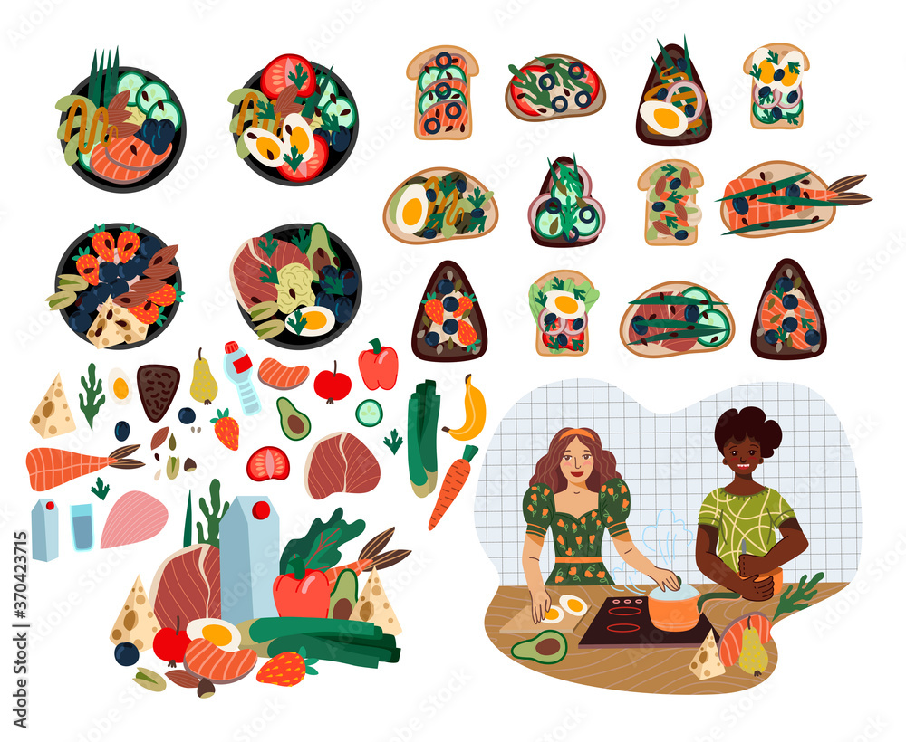 Set of sandwiches, foods and poke bowls. Healthy food from natural ...