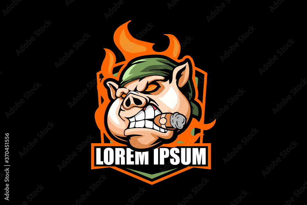 Aggressive Pig head with cigar and fire cartoon character vector badge ...