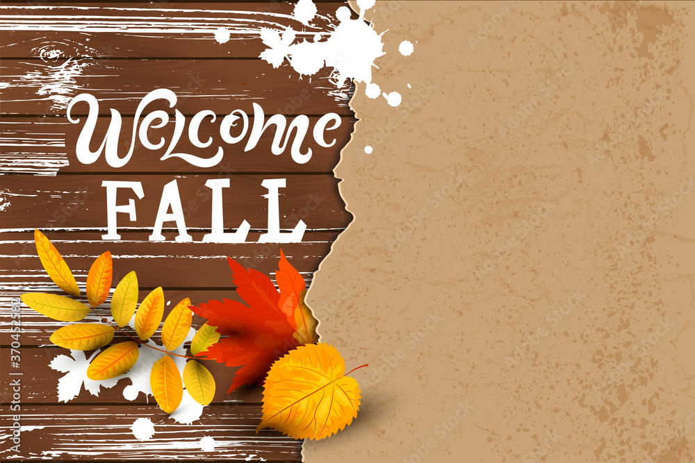 Welcome fall hand drawn lettering on dark wood background with falling ...