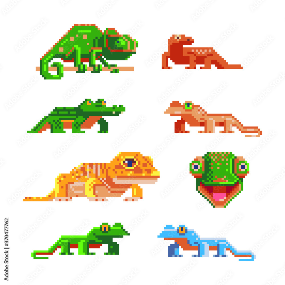 Lizard exotic reptile pixel art icon monitor varan сhameleon isolated ...