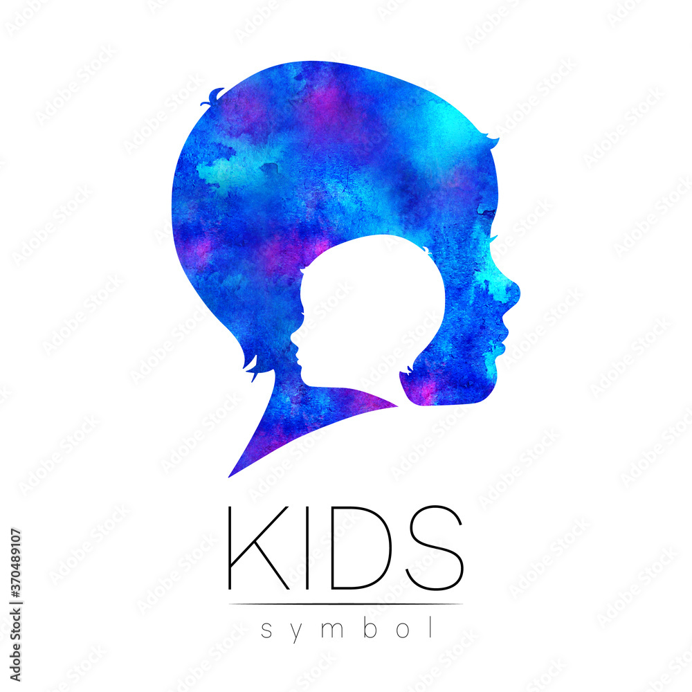 Child logotype in blue watercolor. Silhouette profile human head ...