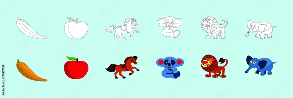 set of animals and fruit design for coloring book. apple, banana, lion ...