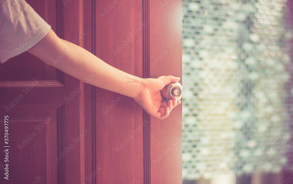 Women hand open door knob or opening the door,grand opening,Close up ...