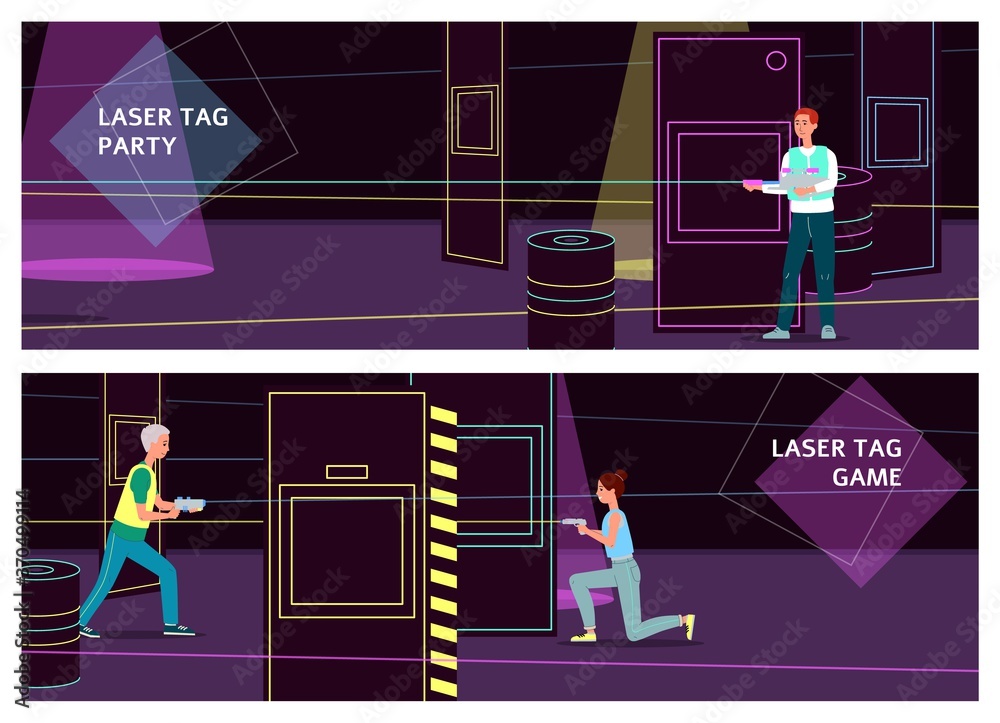 Laser tag game backgrounds set with team of people flat vector ...