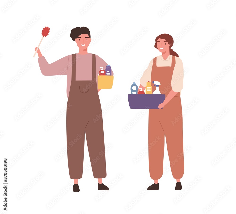 Cheerful people, cleaning service staff in janitor uniform with ...