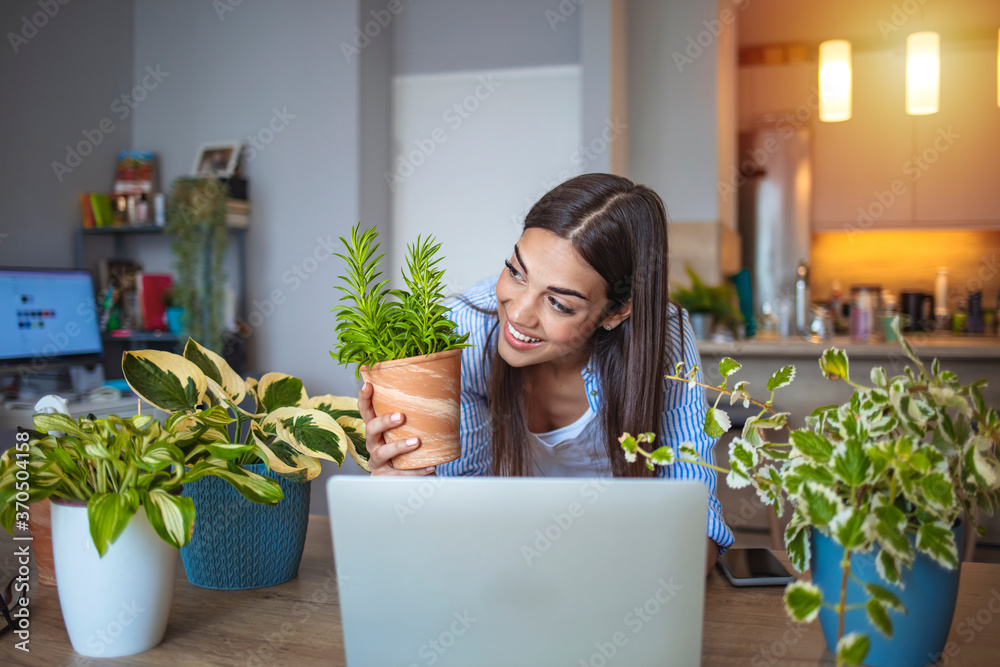 Woman watching flower planting tutorial. Woman watching planting flower ...