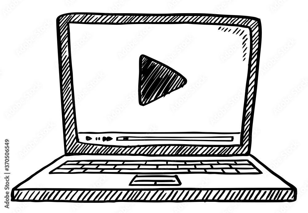 Cartoon style doodle of media player on laptop screen. Hand drawn ...