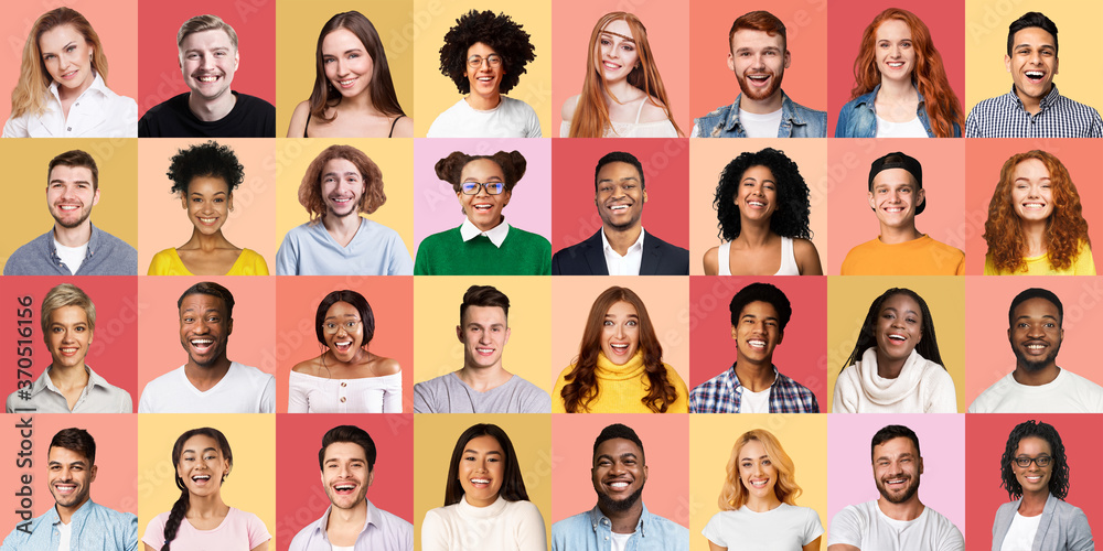 Set Of Multiethnic People Emotional Portraits Over Colored Backgrounds ...