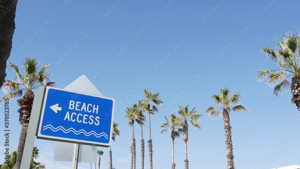 Beach sign and palms in sunny California, USA. Palm trees and seaside ...