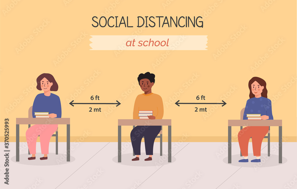 Social distancing at school concept illustration. Kids sitting in the ...