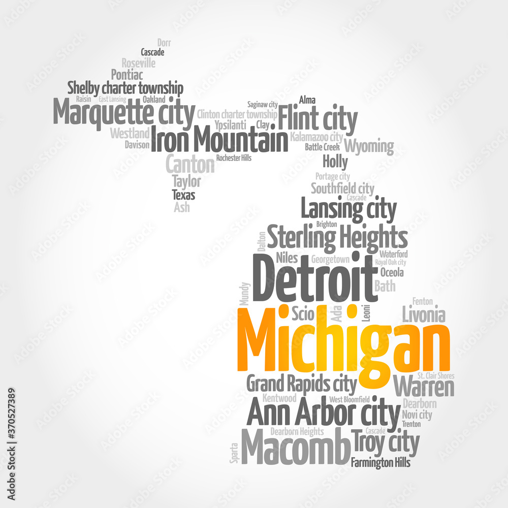 List of cities in Michigan USA state, map silhouette word cloud, map ...