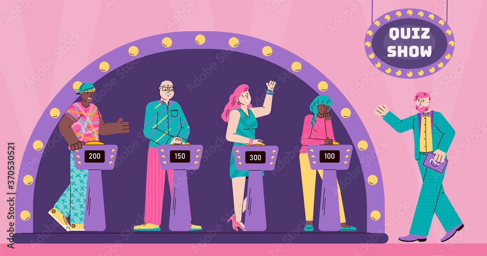 Vetor de People cartoon characters on quiz game show. Program presenter ...