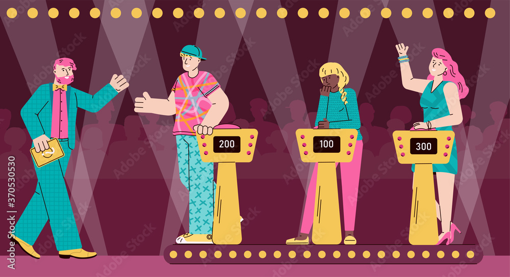 Quiz show TV studio background with cartoon people players or show ...