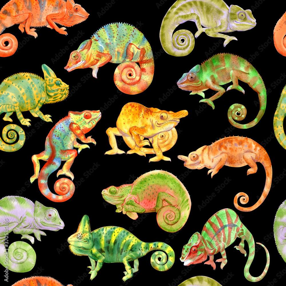 Watercolor seamless pattern with colorful chameleons on black ...