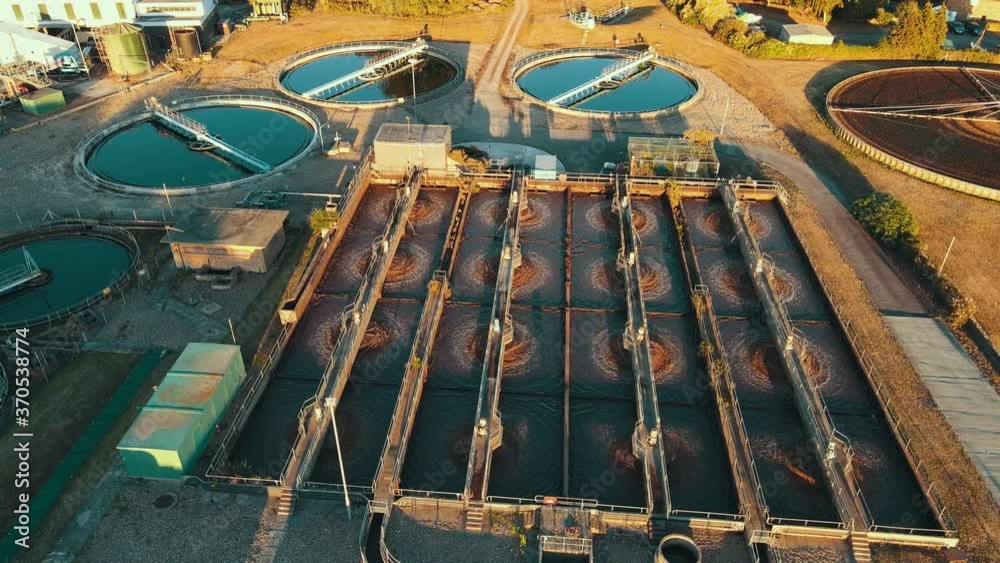 Wide aerial of water purification circle, clean drinking water ...
