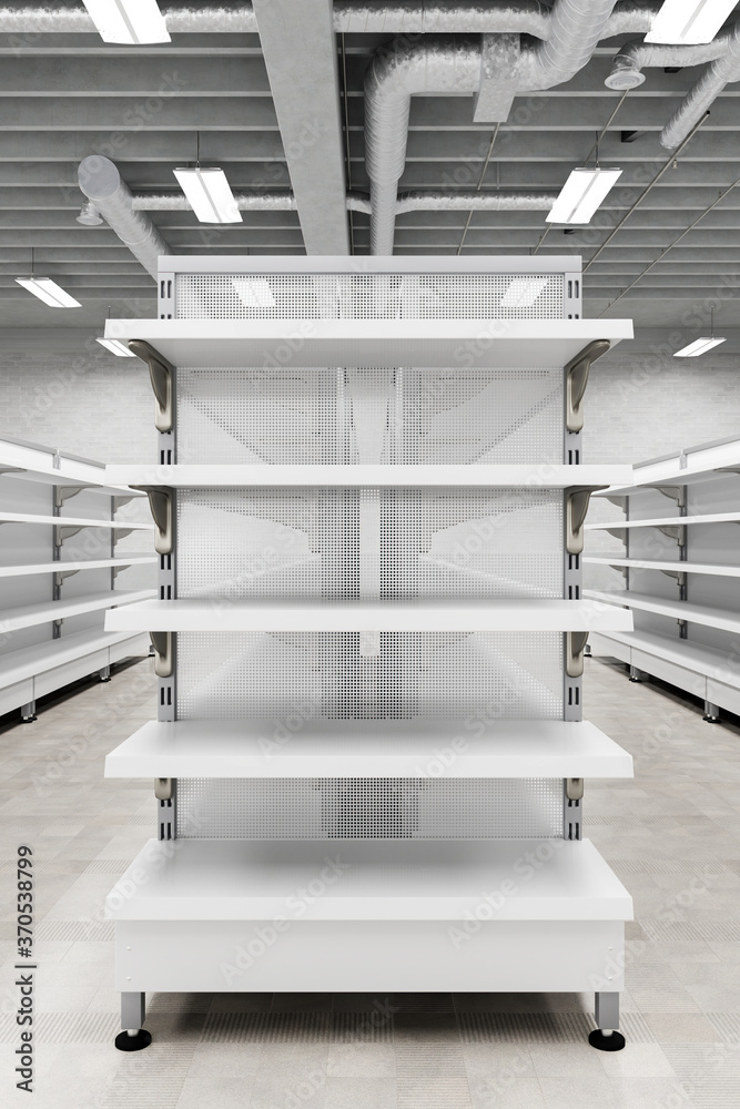Supermarket interior with empty store shelves mock up. Stock ...