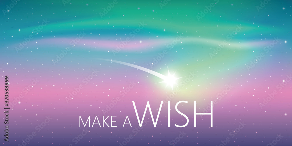 make a wish with falling star in colorful starry sky with aurora ...