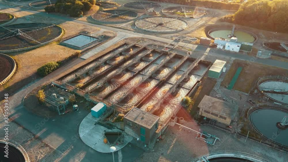 Wide aerial of water purification circle, clean drinking water ...