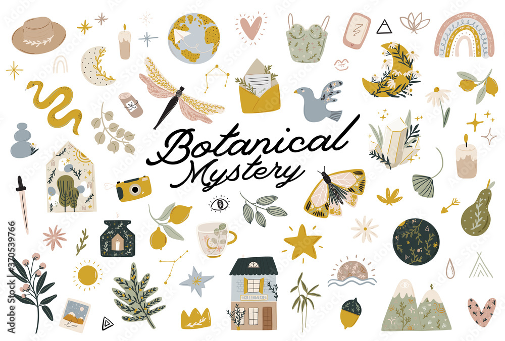 Abstract contemporary illustration with floral, fauna, moon, girls ...