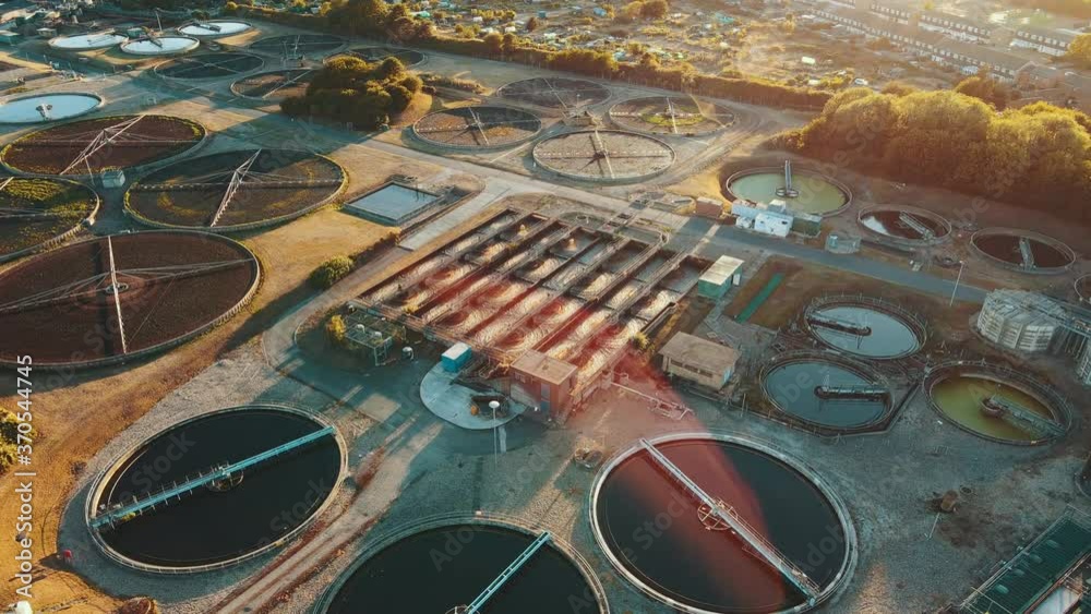 Wide aerial of water purification circle, clean drinking water ...