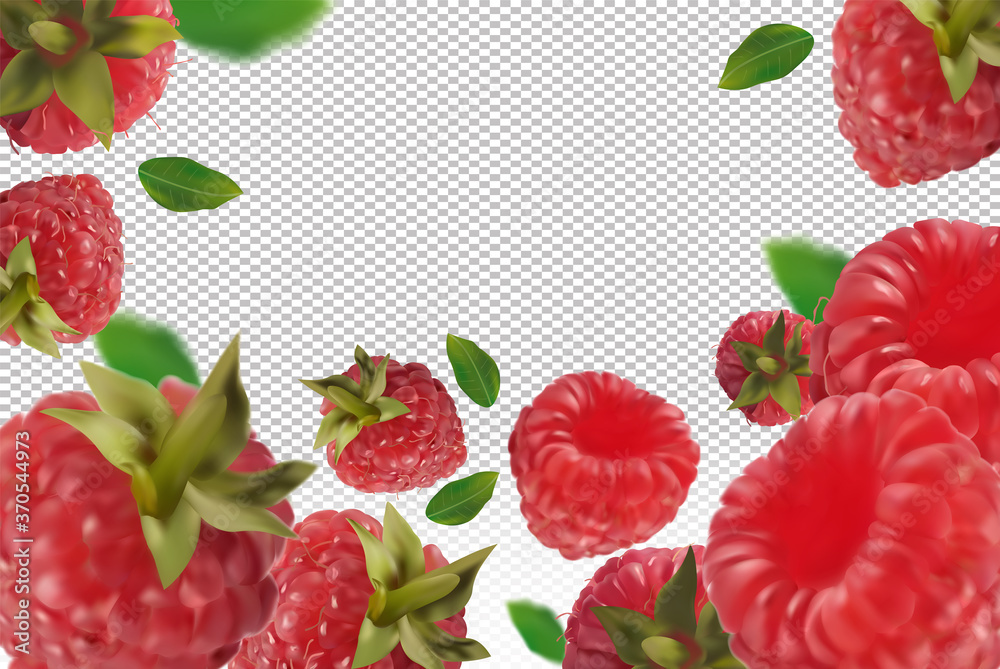 Raspberry background. Flying raspberry with green leaf on transparent ...