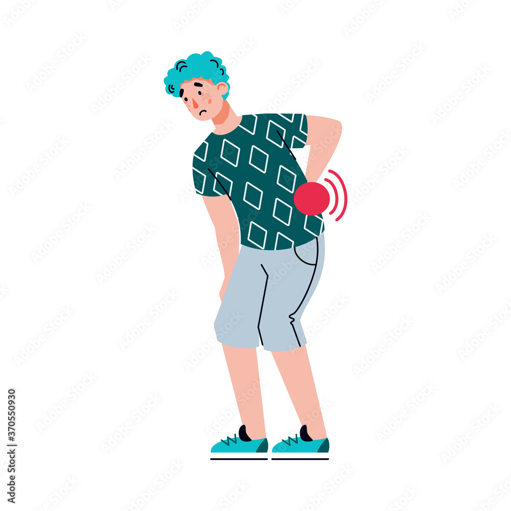 Man cartoon character suffering from back pain or spine ache, flat ...