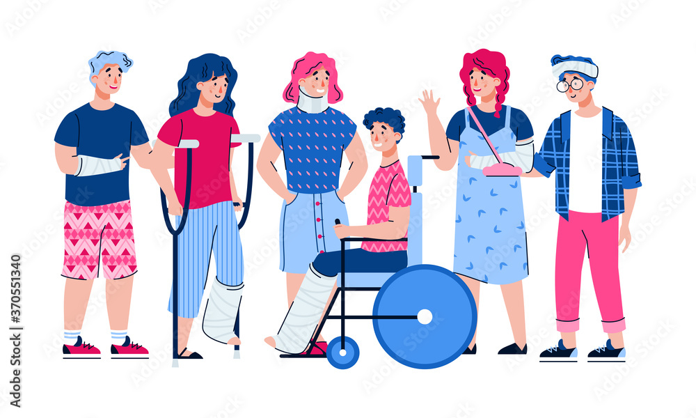 Sick and disabled people after trauma and injury, flat cartoon vector ...